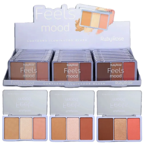Box c/24 Un - Paleta de Contorno, Iluminador e Blush Feels Mood Ruby ...