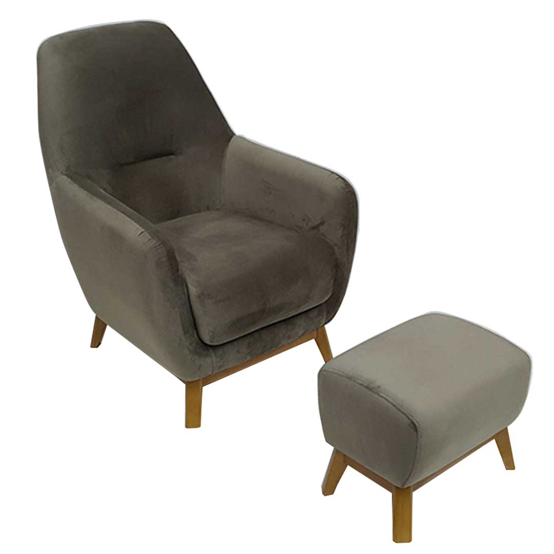Poltrona com Puff Mamma Velvet Cinza
